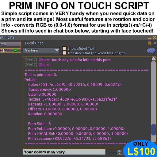Second Life Marketplace - Prim Info on Click Script (Boxed)